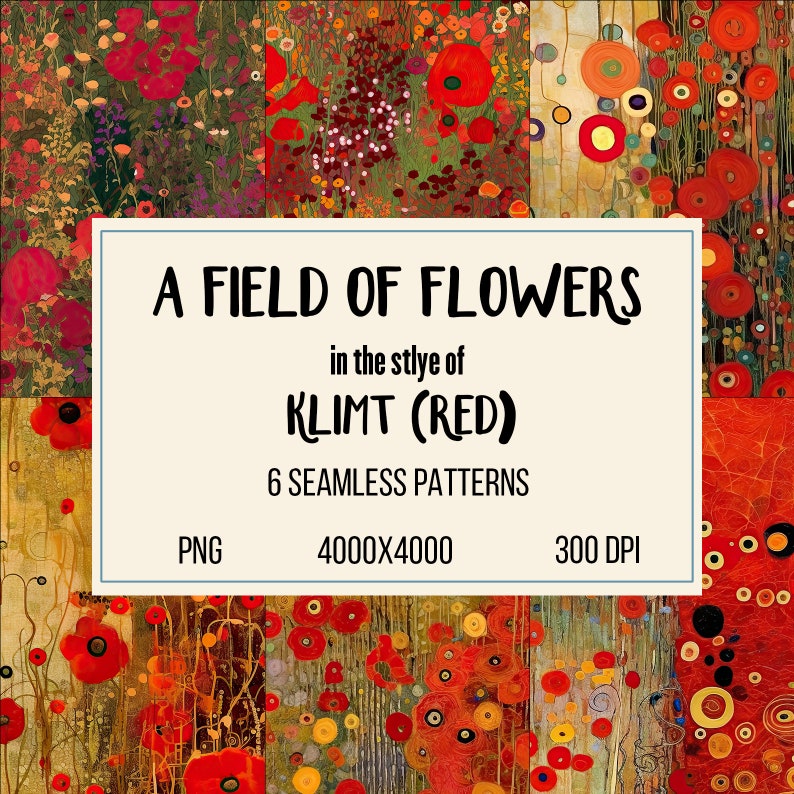 Gustav Klimt-inspired Digital Seamless Patterns: Luxurious Red Floral ...