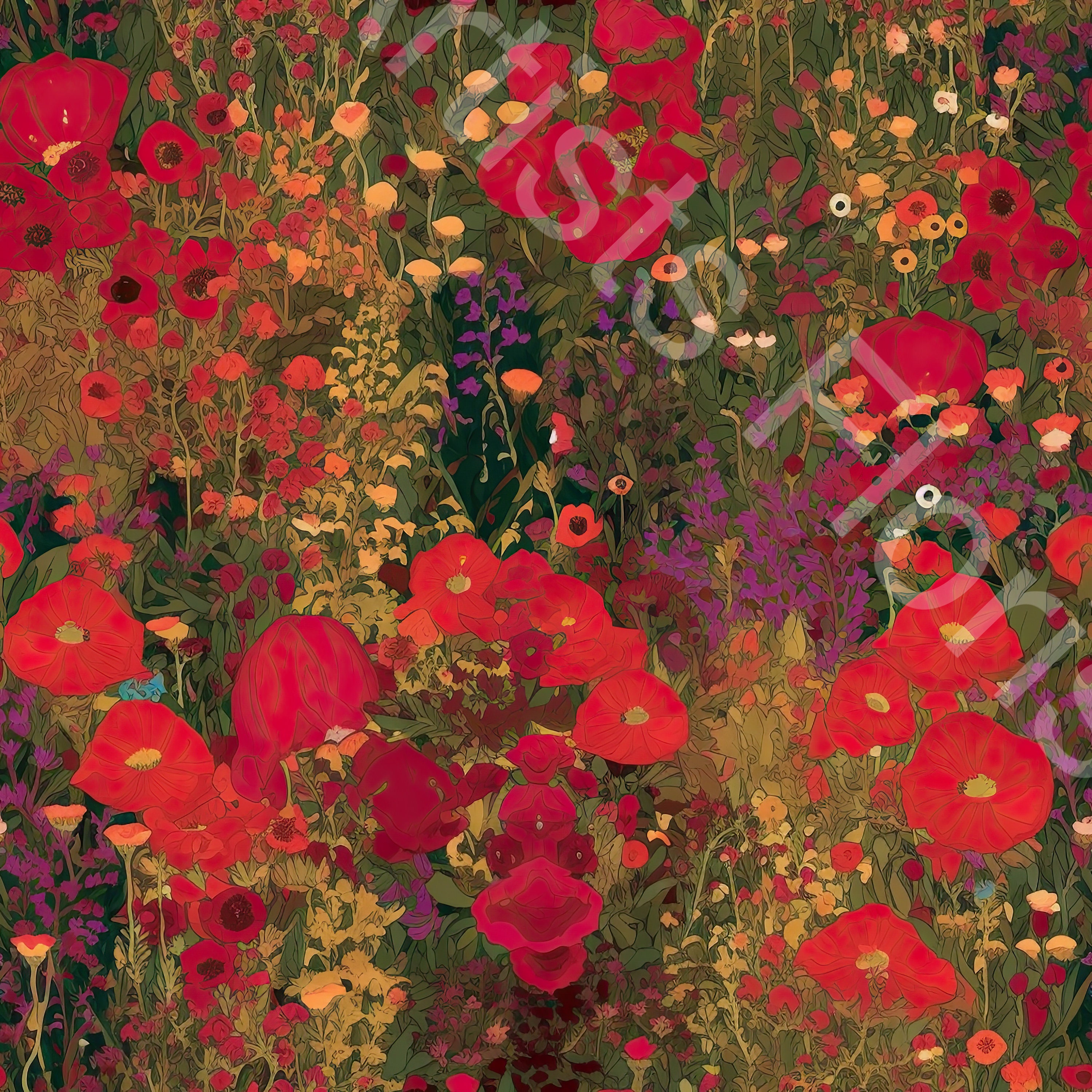 Gustav Klimt-inspired Digital Seamless Patterns: Luxurious Red Floral ...