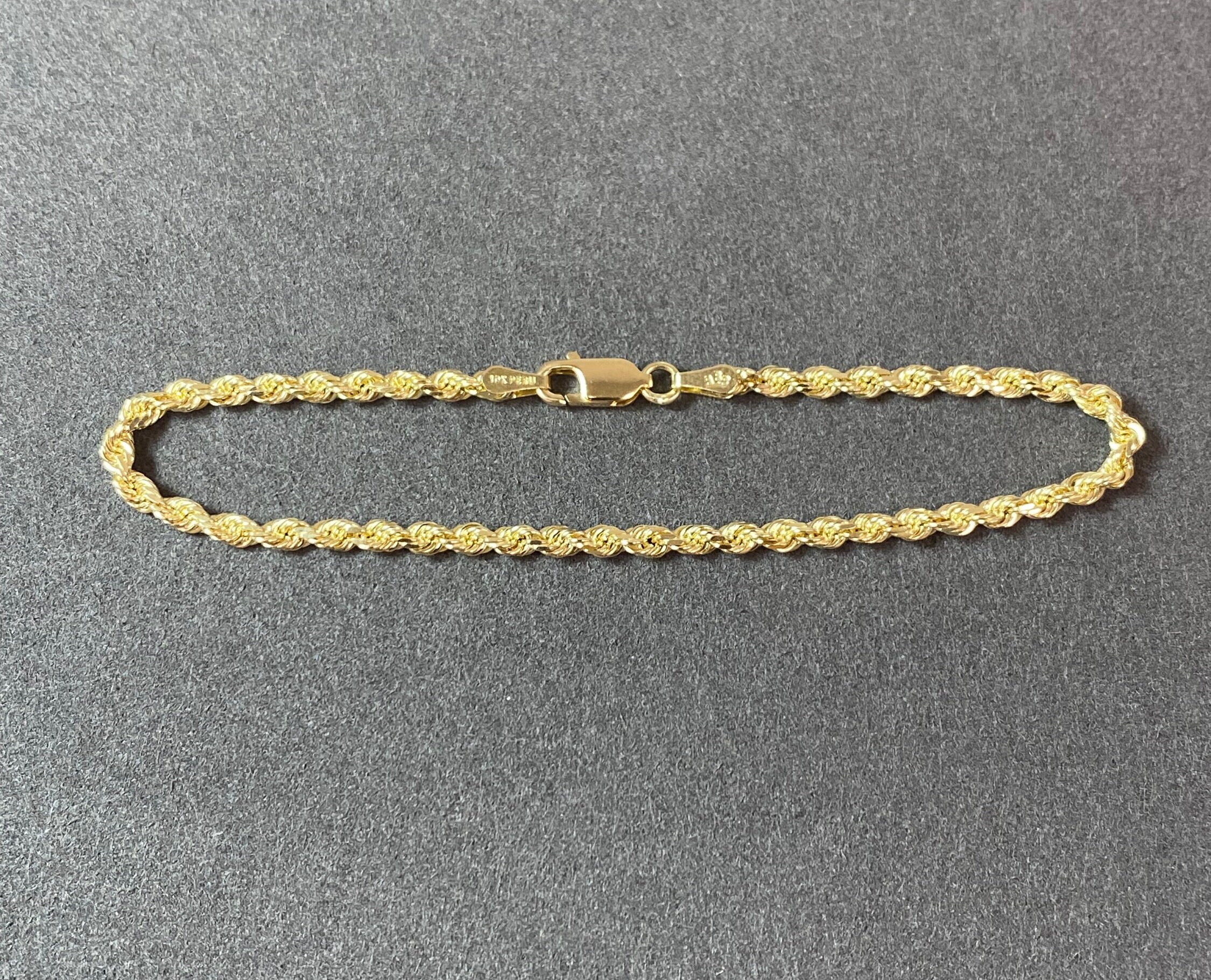 Solid Gold Diamond Cut Rope Chain Bracelet 2.25mm Rope Gold Rope ...