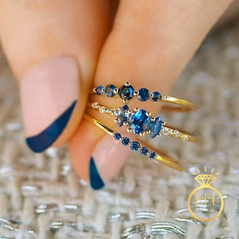 Dainty Gold Gemstone Rings for Women,sterling Silver Blue Crystal Ring ,stackable Gold Rings ...
