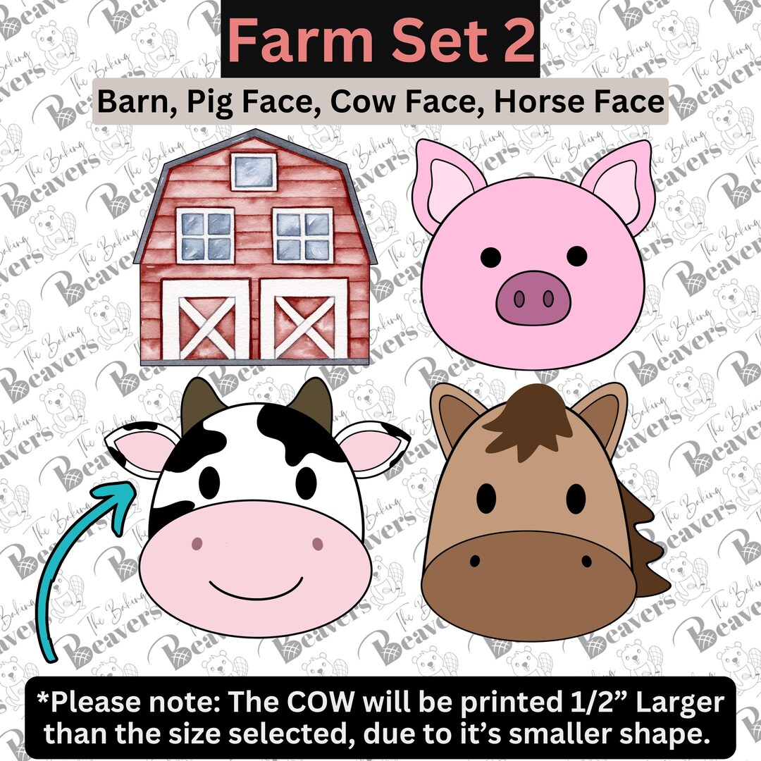 Farm Animal Heads + Barn (set of 4 Cookie Cutters) | PIG | HORSE | COW ...