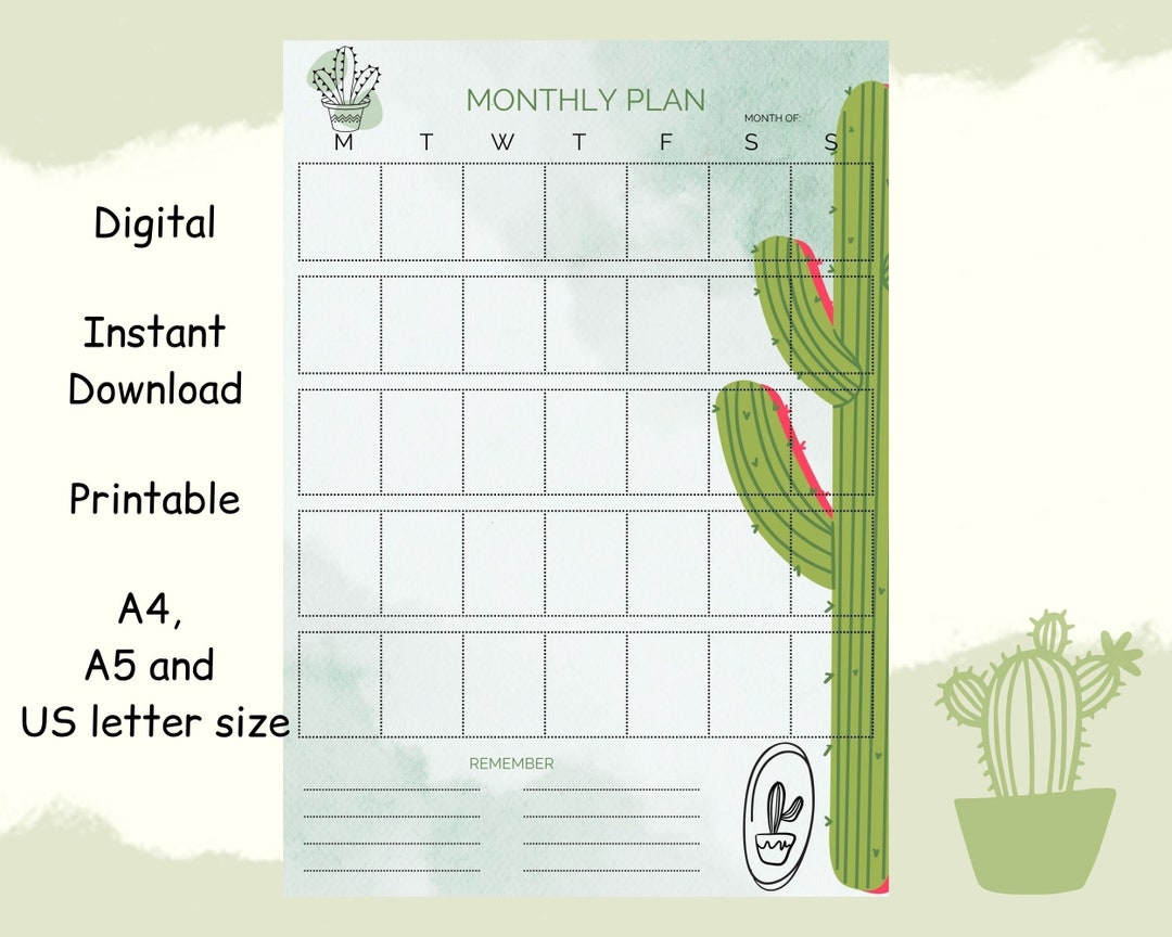 Digital Monthly Planner Cactus Theme A4 Letter Size A5 Monthly Planner ...