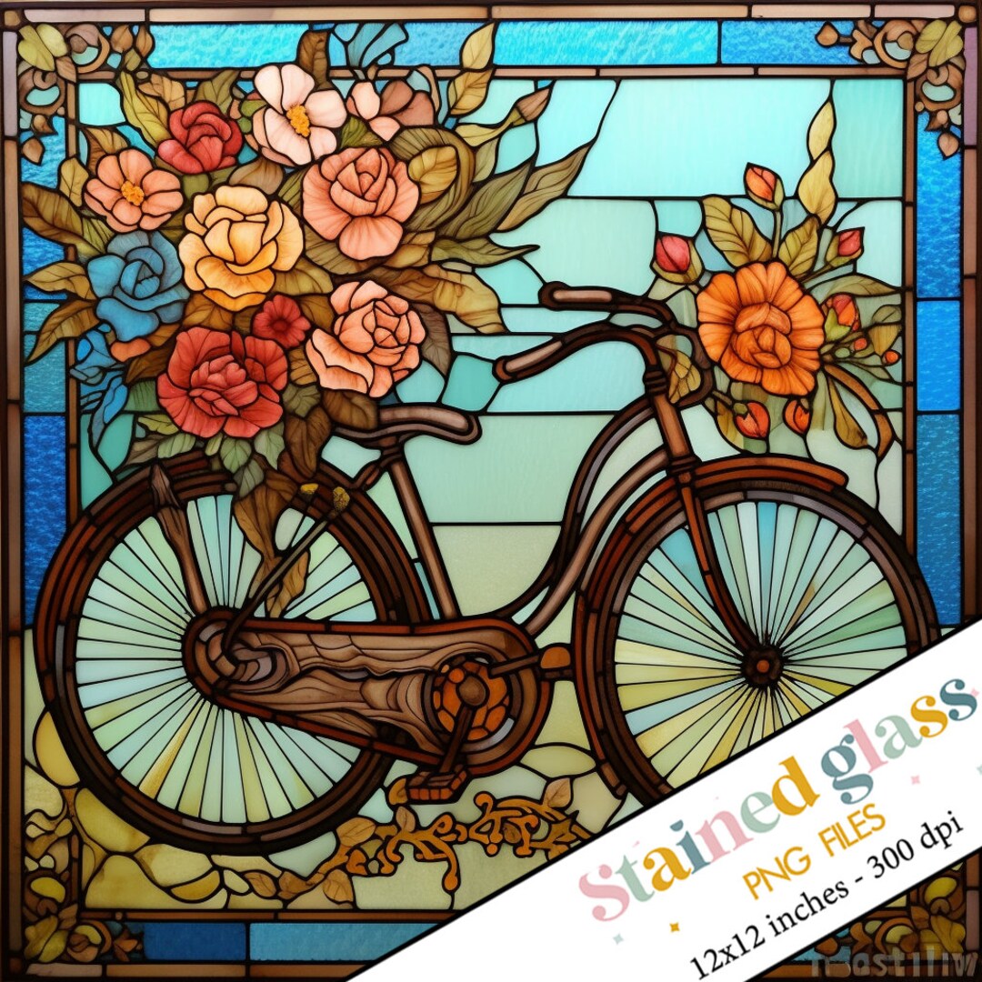 Vintage Bicycle Stained Glass PNG, Two Wheeler Template, Square Stained ...