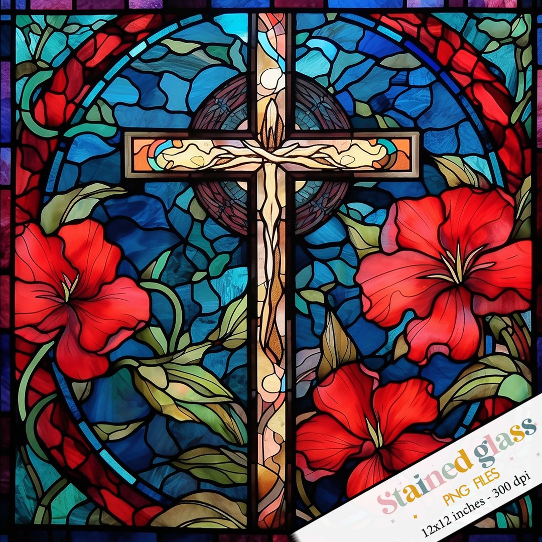 Cross Stained Glass Sublimation Template, Floral Stained Glass Pattern ...