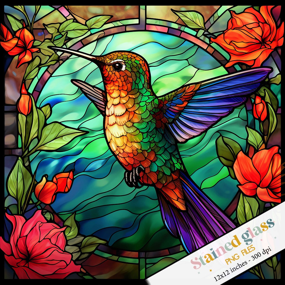 Stained Glass PNG Hummingbird Sublimation, Floral Stained Glass ...