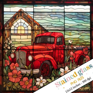 Old Car Stained Glass, Digital Paper, Stained Glass Pattern, Stained ...