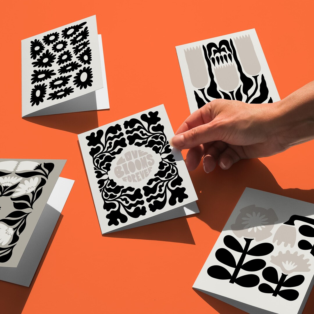 Monochrome Floral Card Set: Black & White Botanical Greeting Cards (PDF ...