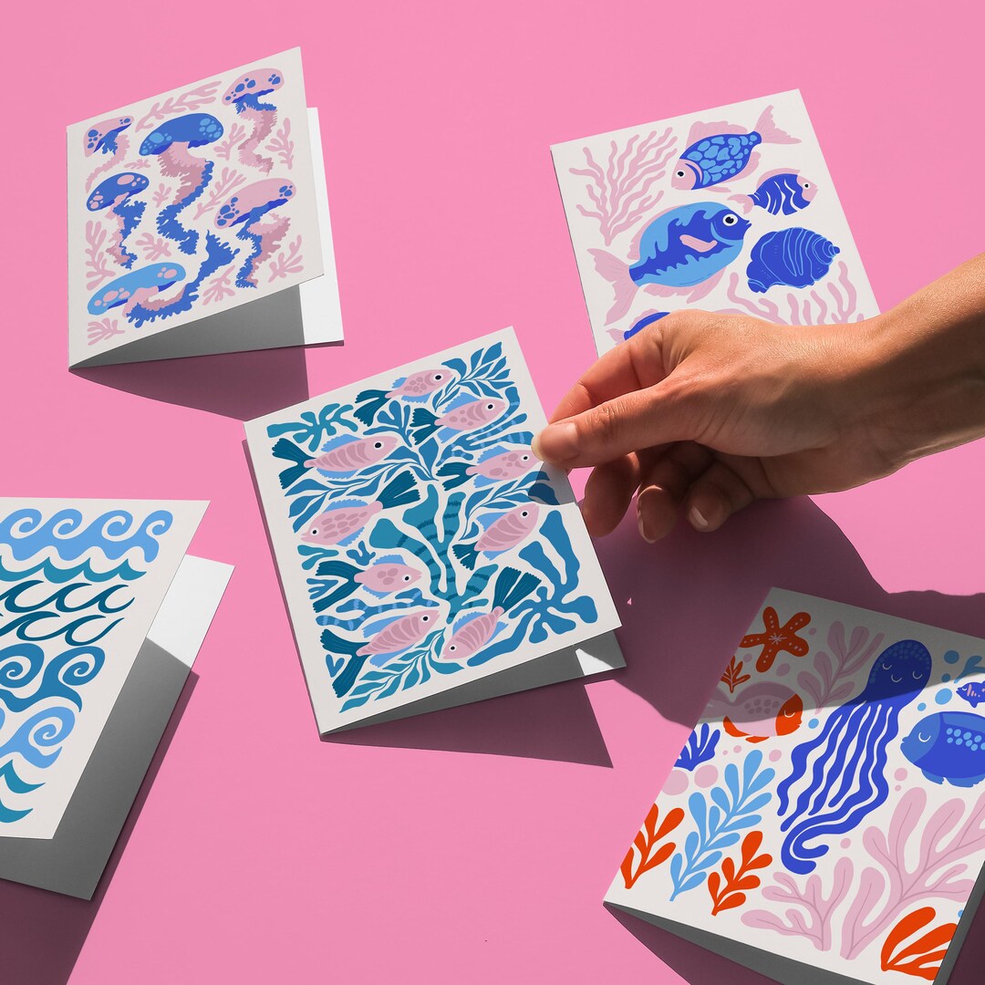 Ocean Creatures Card Set: Modern Coastal Stationery (PDF Downloadable ...