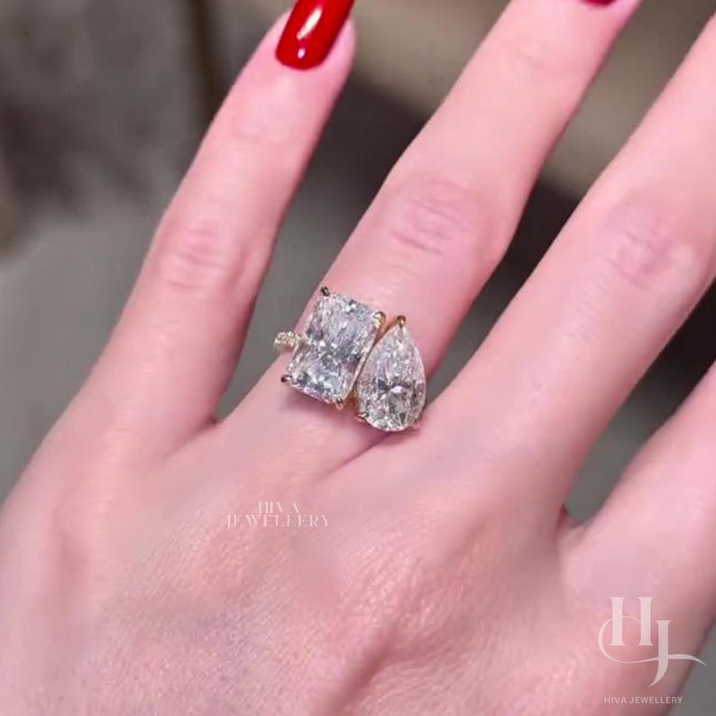 6TCW Pear & Radiant Cut Two Stone Lab Grown Diamond Toi Et Moi Wedding ...