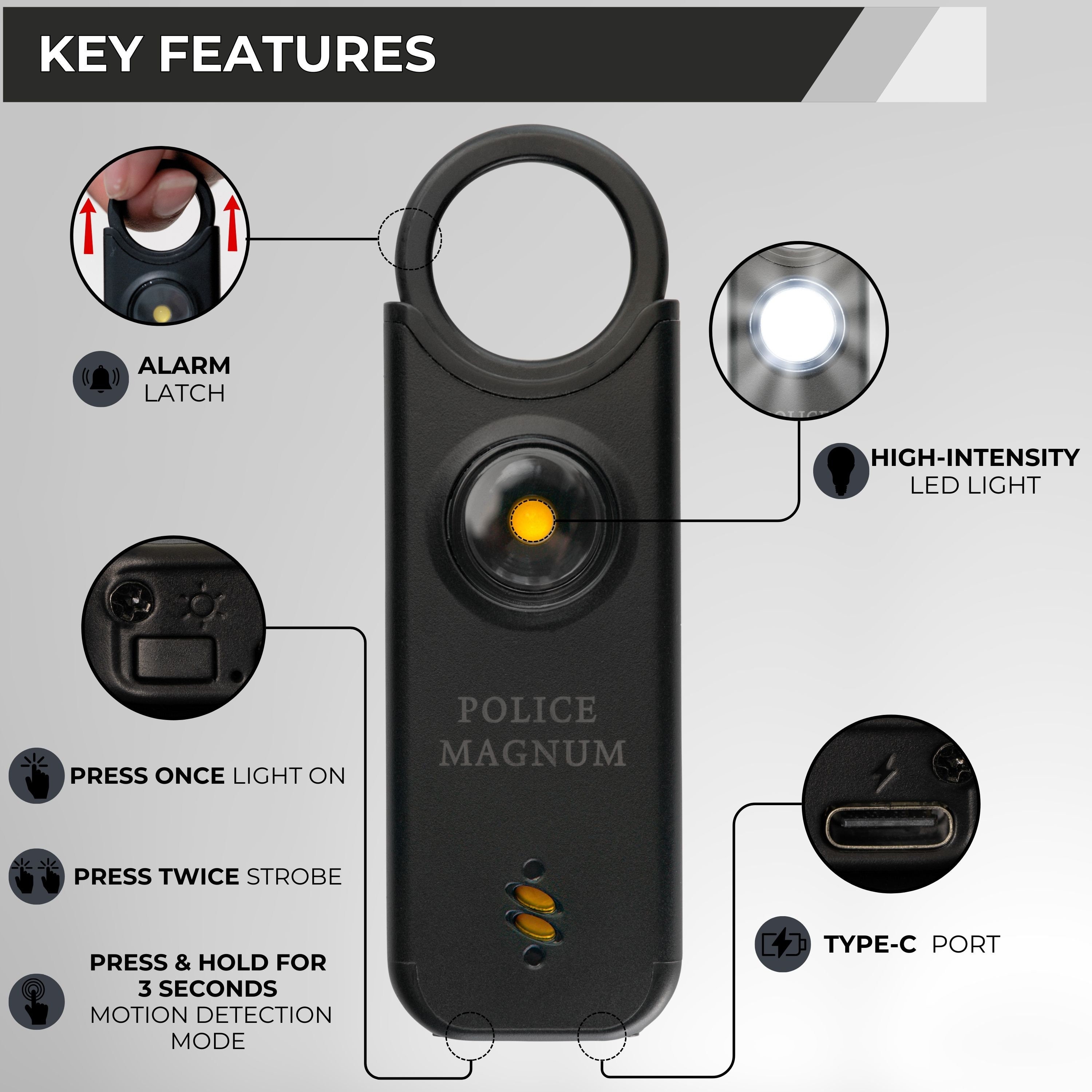 Police Magnum Personal Safety Alarm Keychain- Rechargeable LED Light ...