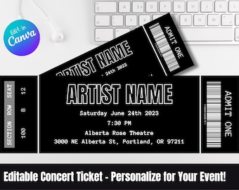 Editable Concert Ticket Black on White Concert Ticket Printable Ticket ...