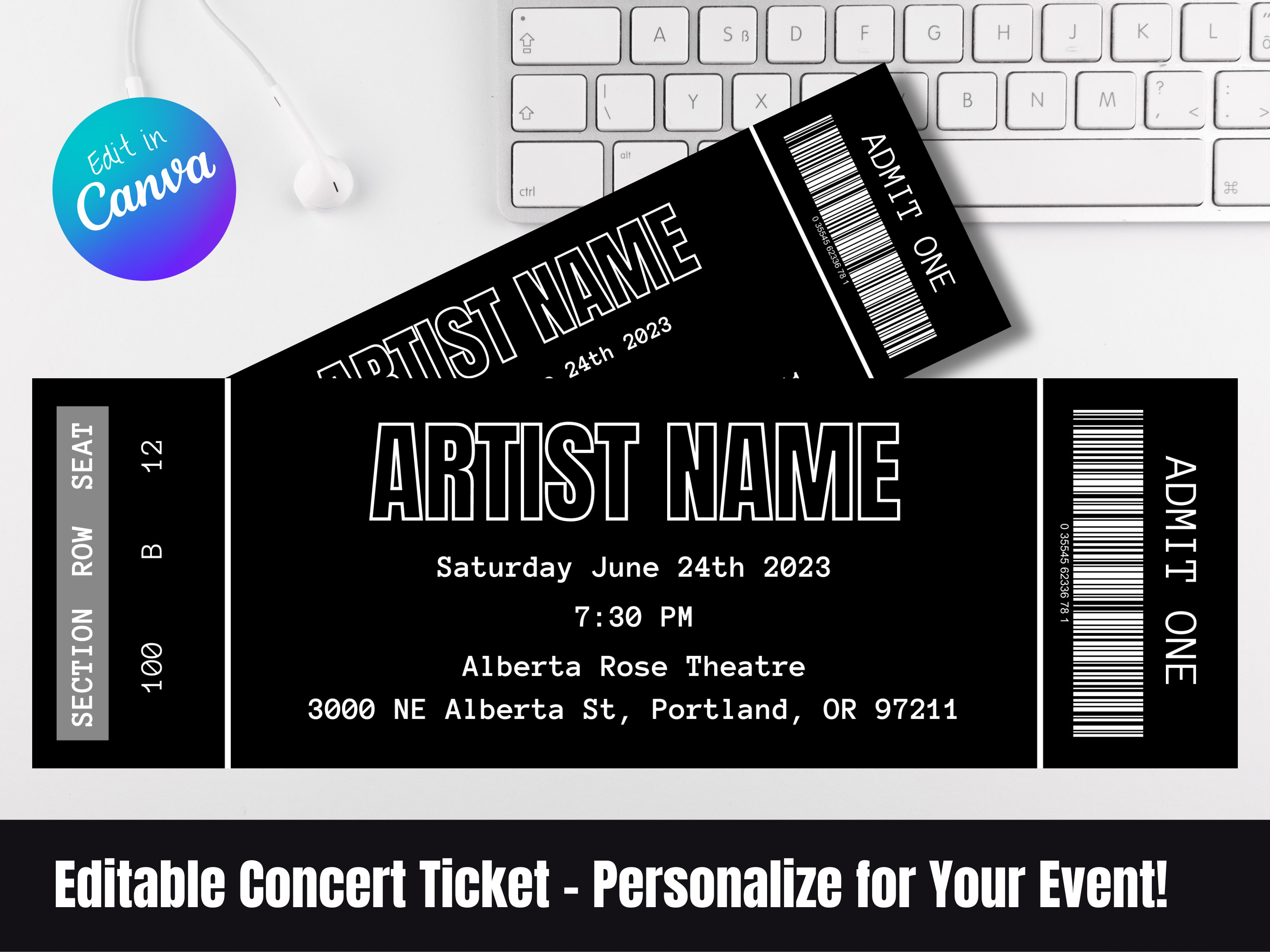 Editable Concert Ticket White on Black Concert Ticket Printable Ticket ...