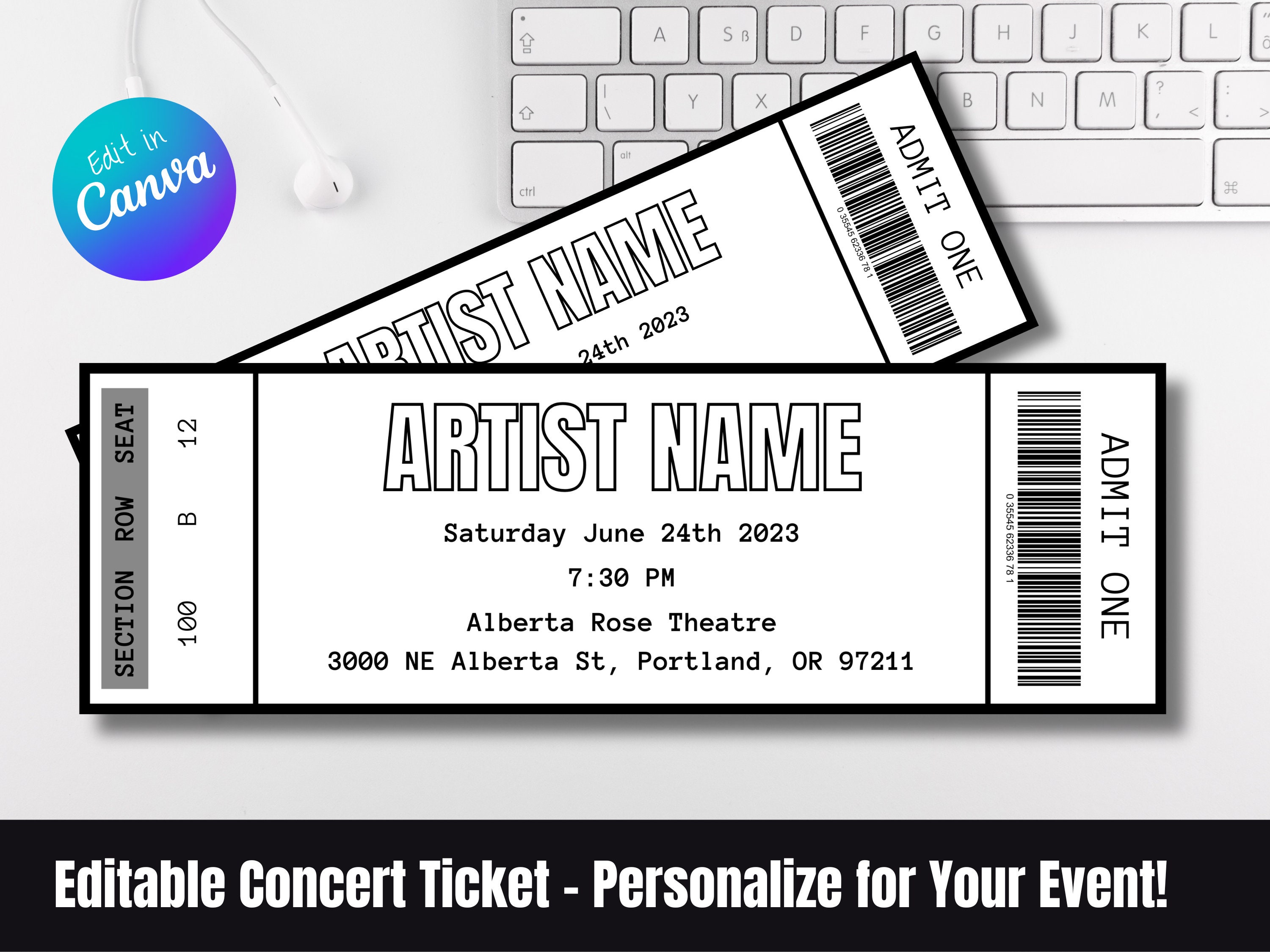 Editable Concert Ticket Black on White Concert Ticket Printable Ticket ...
