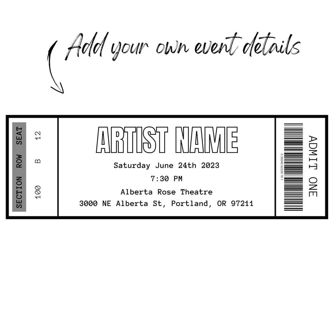 Editable Concert Ticket Black on White Concert Ticket Printable Ticket ...