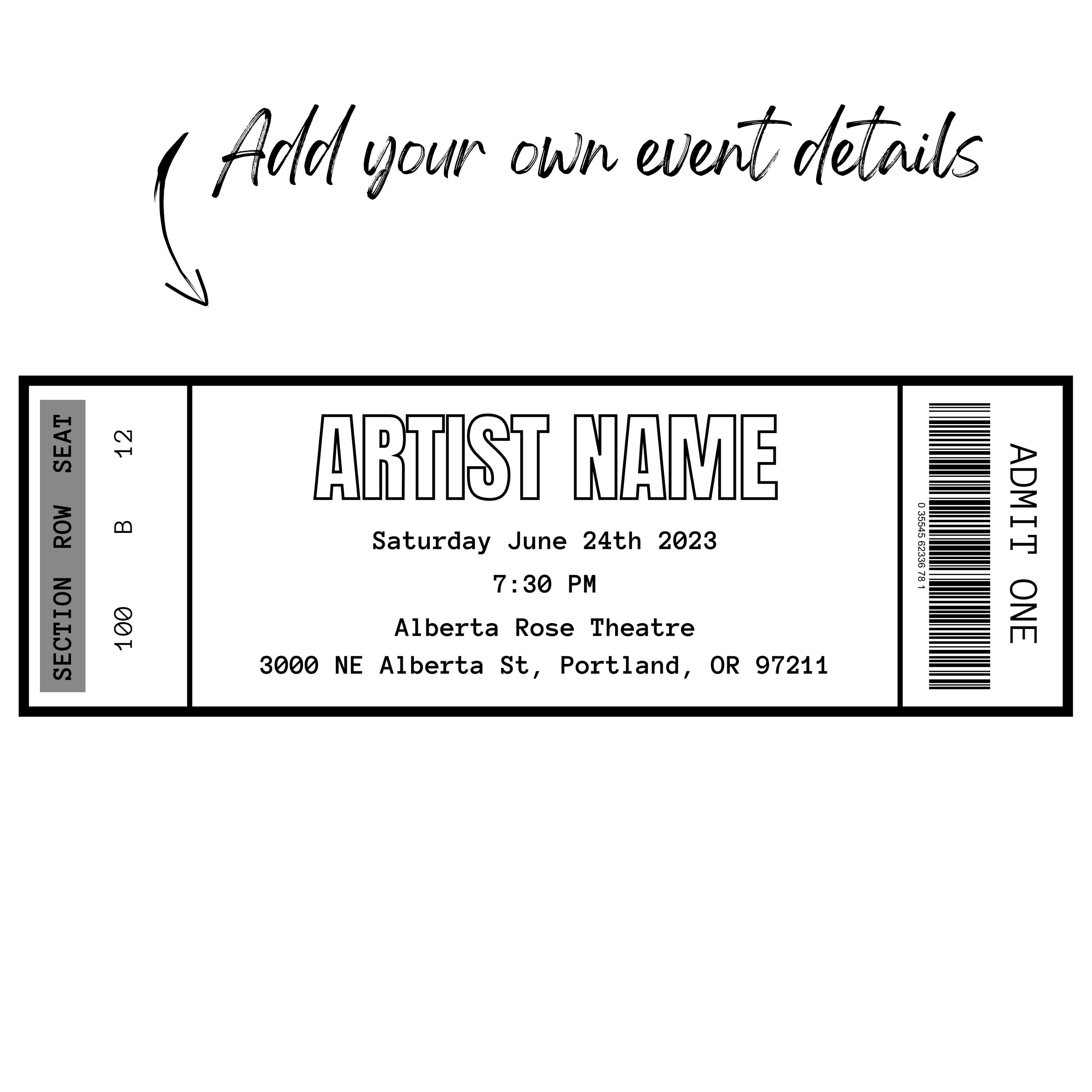 Editable Concert Ticket Black on White Concert Ticket Printable Ticket ...