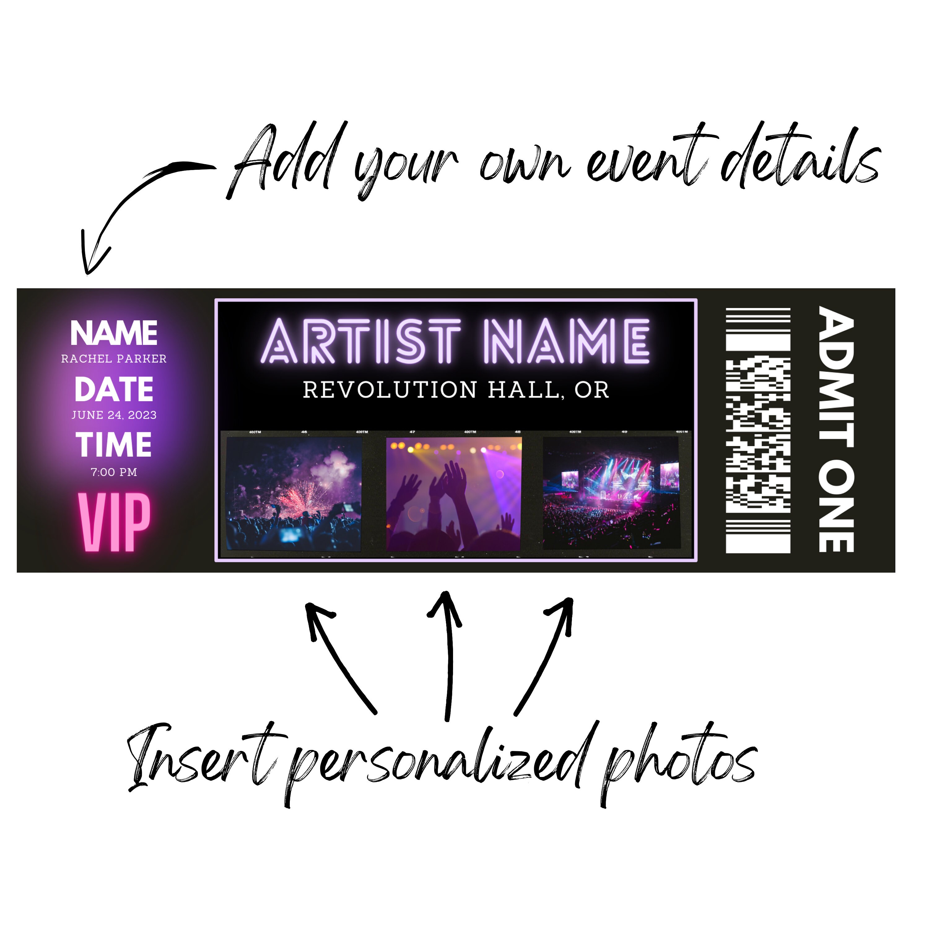 Editable Concert Ticket Black, Pink, and Purple Concert Ticket ...