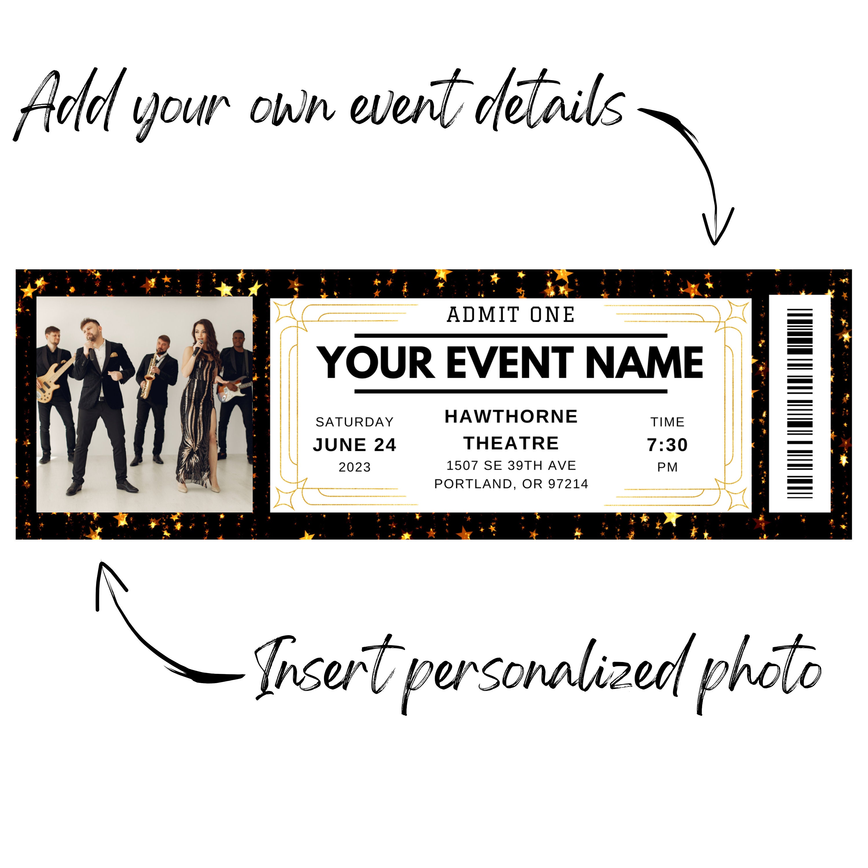Editable Concert Ticket Gold Stars Concert Ticket Printable Ticket for ...