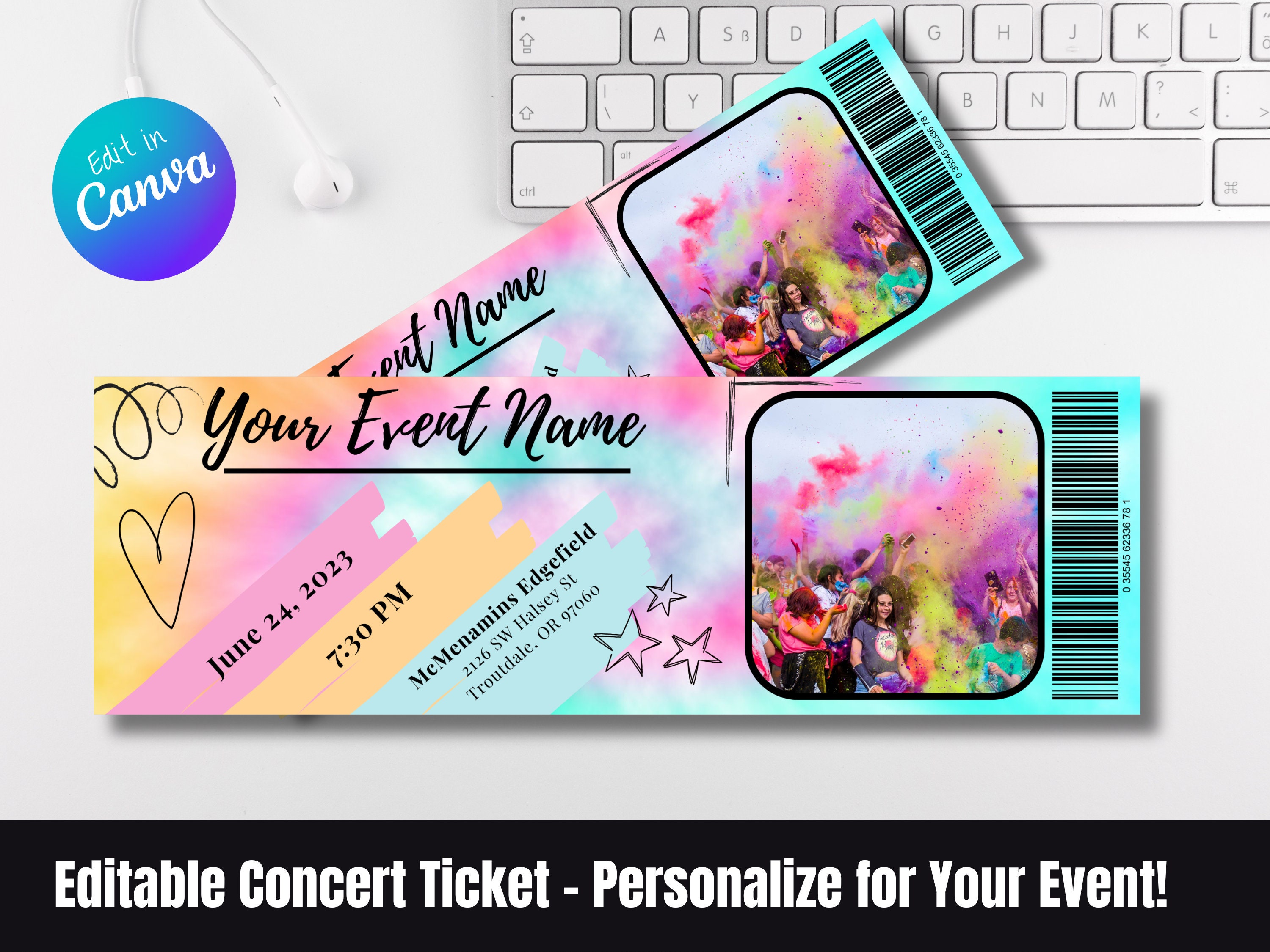 Editable Concert Ticket Tie Dye Concert Ticket Printable Ticket for ...