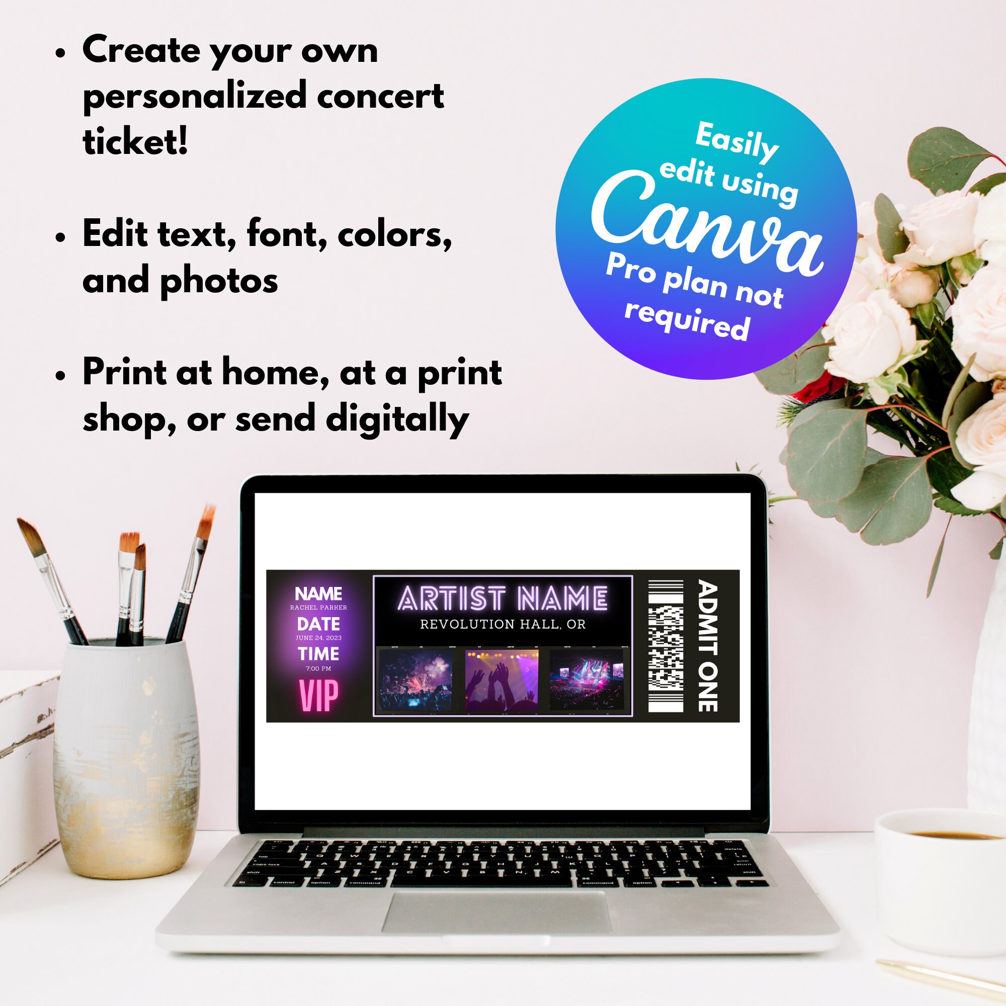 Editable Concert Ticket Black, Pink, and Purple Concert Ticket ...