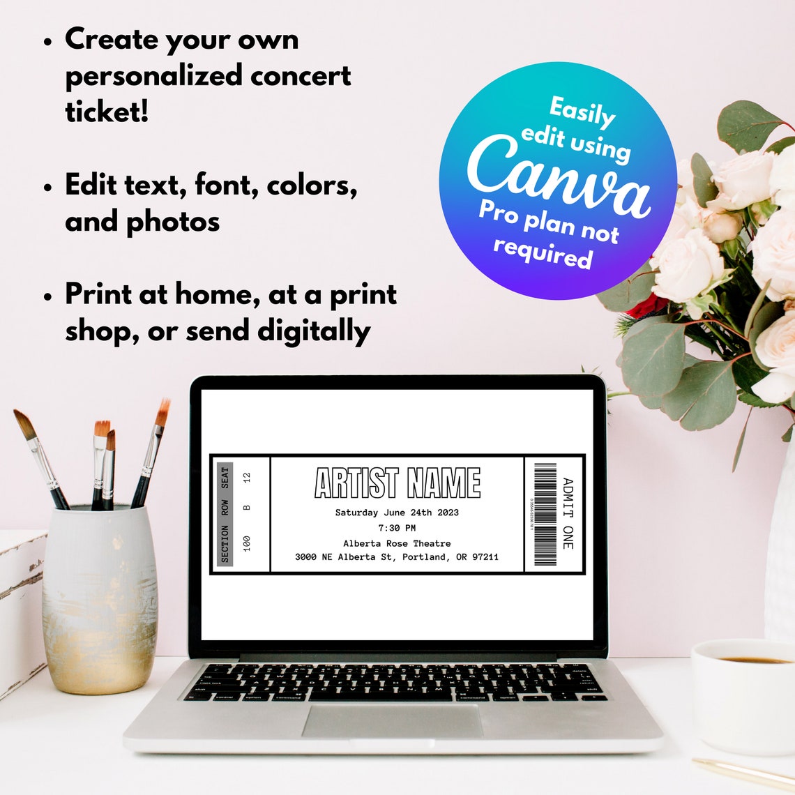 Editable Concert Ticket Black on White Concert Ticket Printable Ticket ...