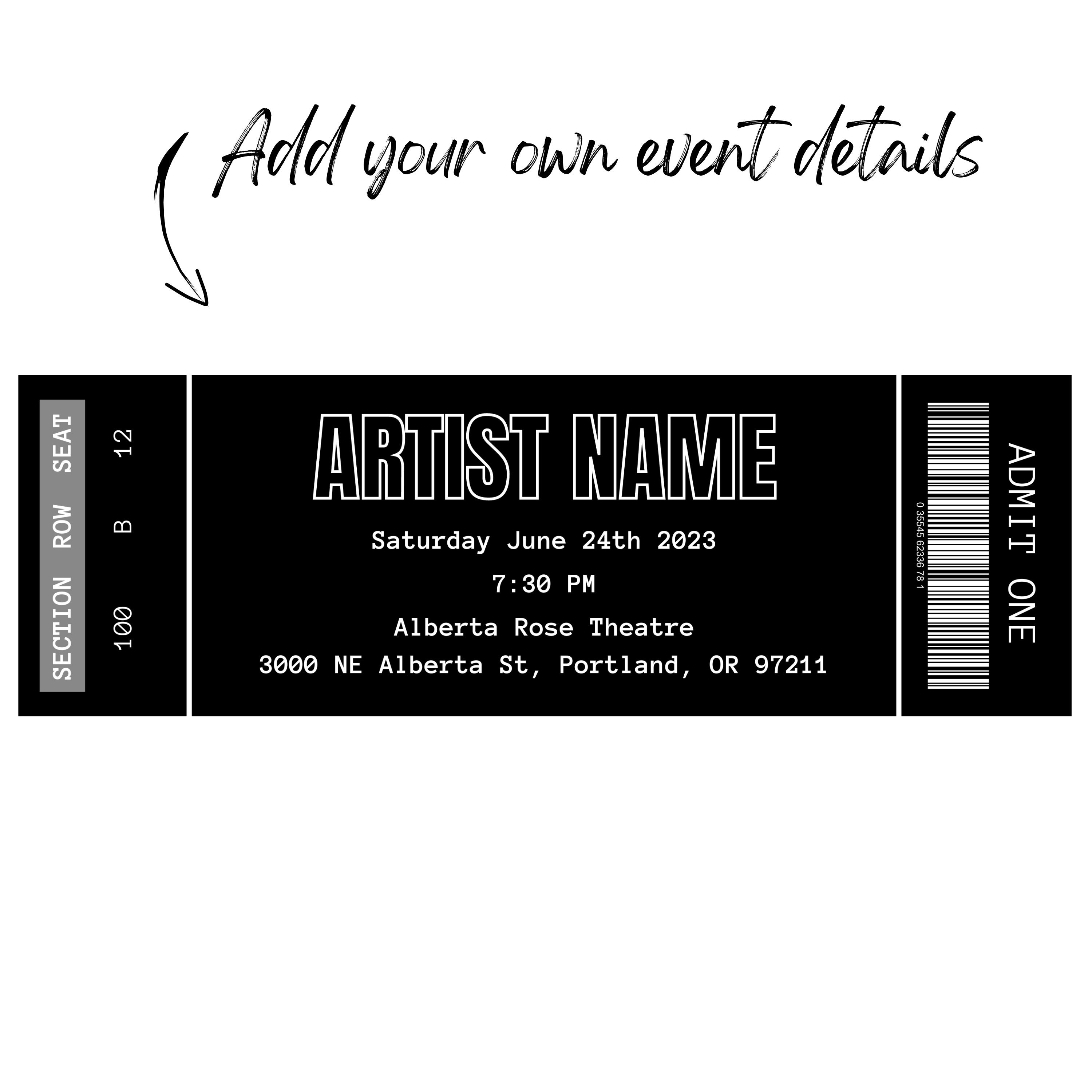 Editable Concert Ticket White on Black Concert Ticket Printable Ticket ...