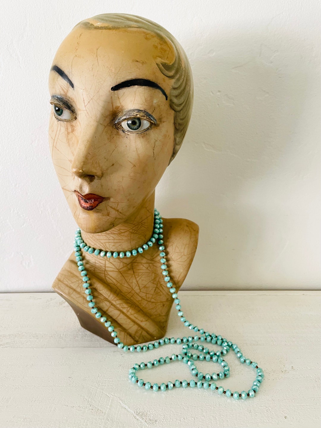 1920s Flapper Beads Mint Green Necklace Vintage Hand Knotted Single ...