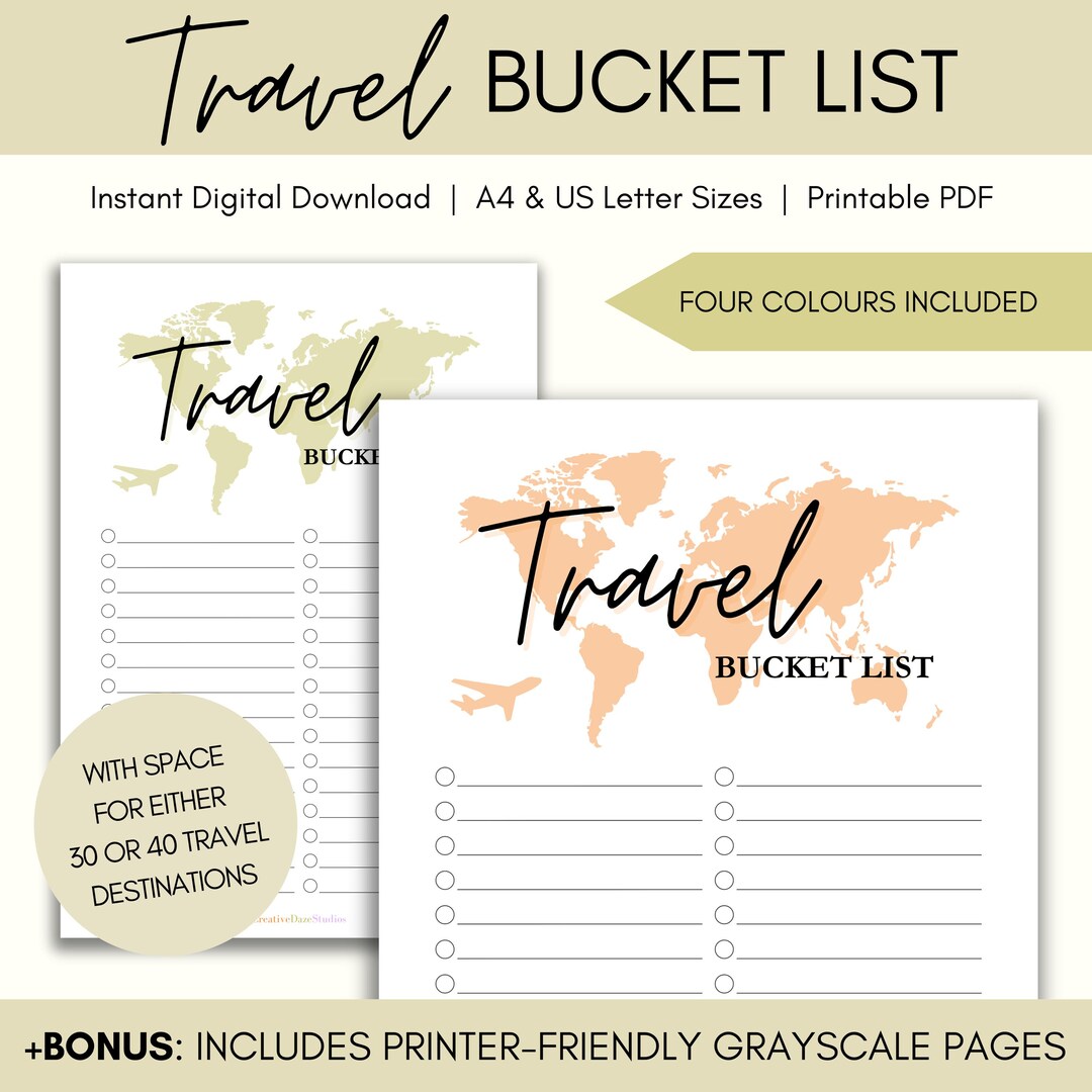 Travel Bucket List Printable PDF, Instant Digital Download, Travel ...