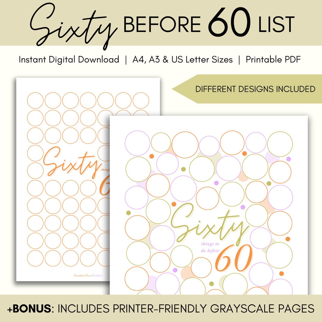Sixty Before 60 Bucket List, Printable PDF, 60 Before 60 List, 50s ...