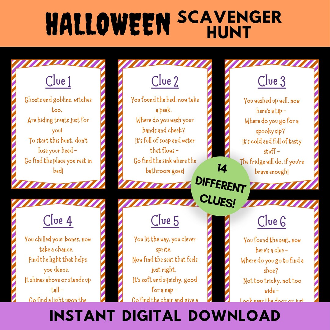 Printable Halloween Indoor Scavenger Hunt for Kids With Clue Cards ...