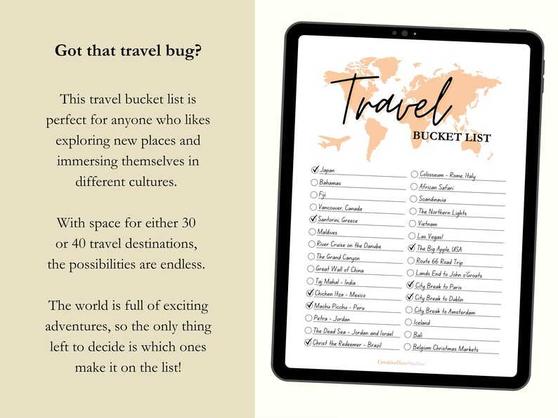 Travel Bucket List Printable PDF, Instant Digital Download, Travel ...