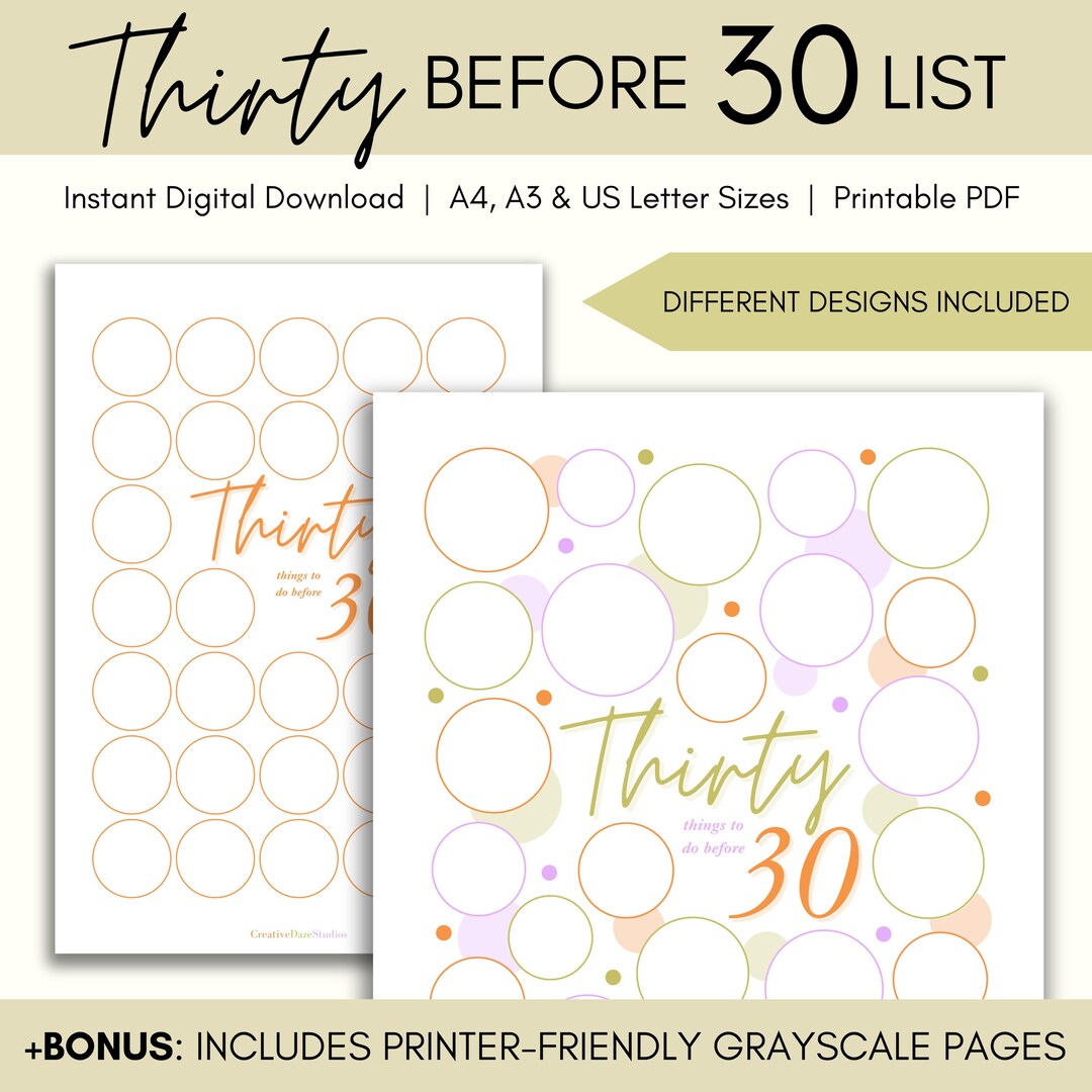 Thirty Before 30 Bucket List, Printable PDF, 30 Before 30 List, 20s Bucket List, 25th 26th 27th ...