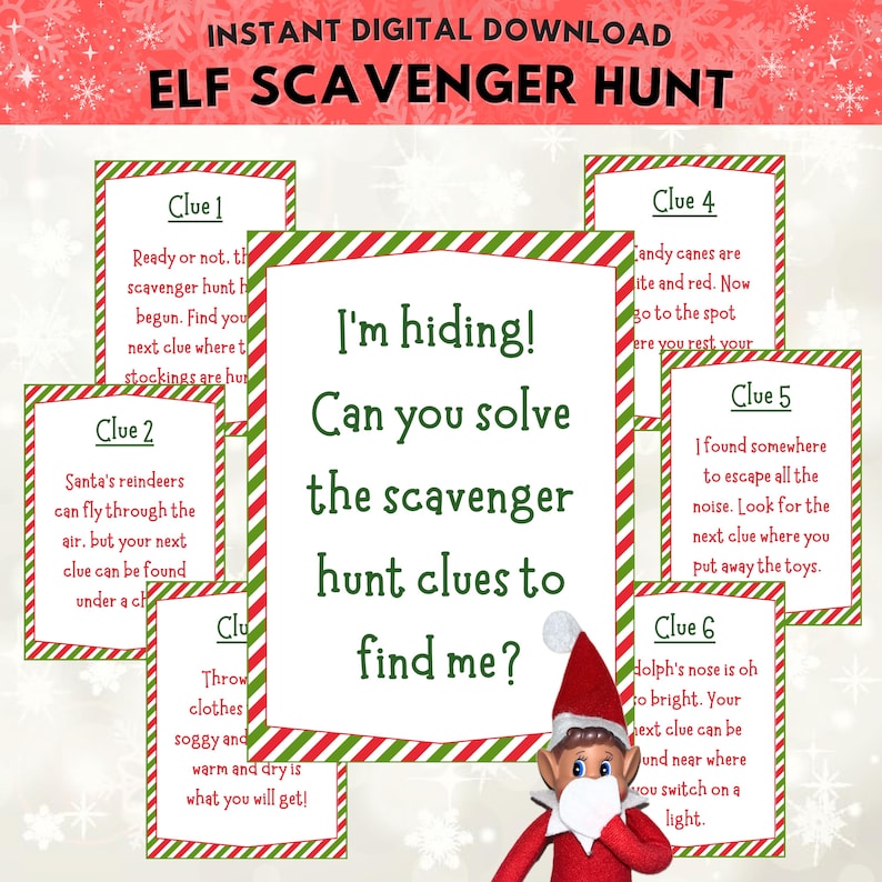 Printable Christmas Elf Scavenger Hunt for Kids, Elf Treasure Hunt ...