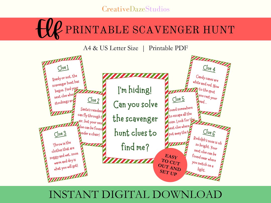 Printable Christmas Elf Scavenger Hunt for Kids, Elf Treasure Hunt ...