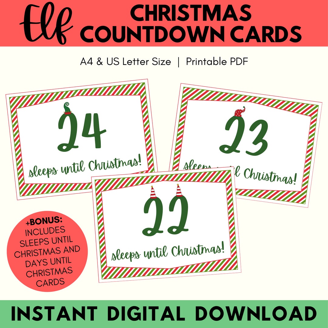 Elf Christmas Countdown Cards Printable PDF, Days Until Christmas Cards ...