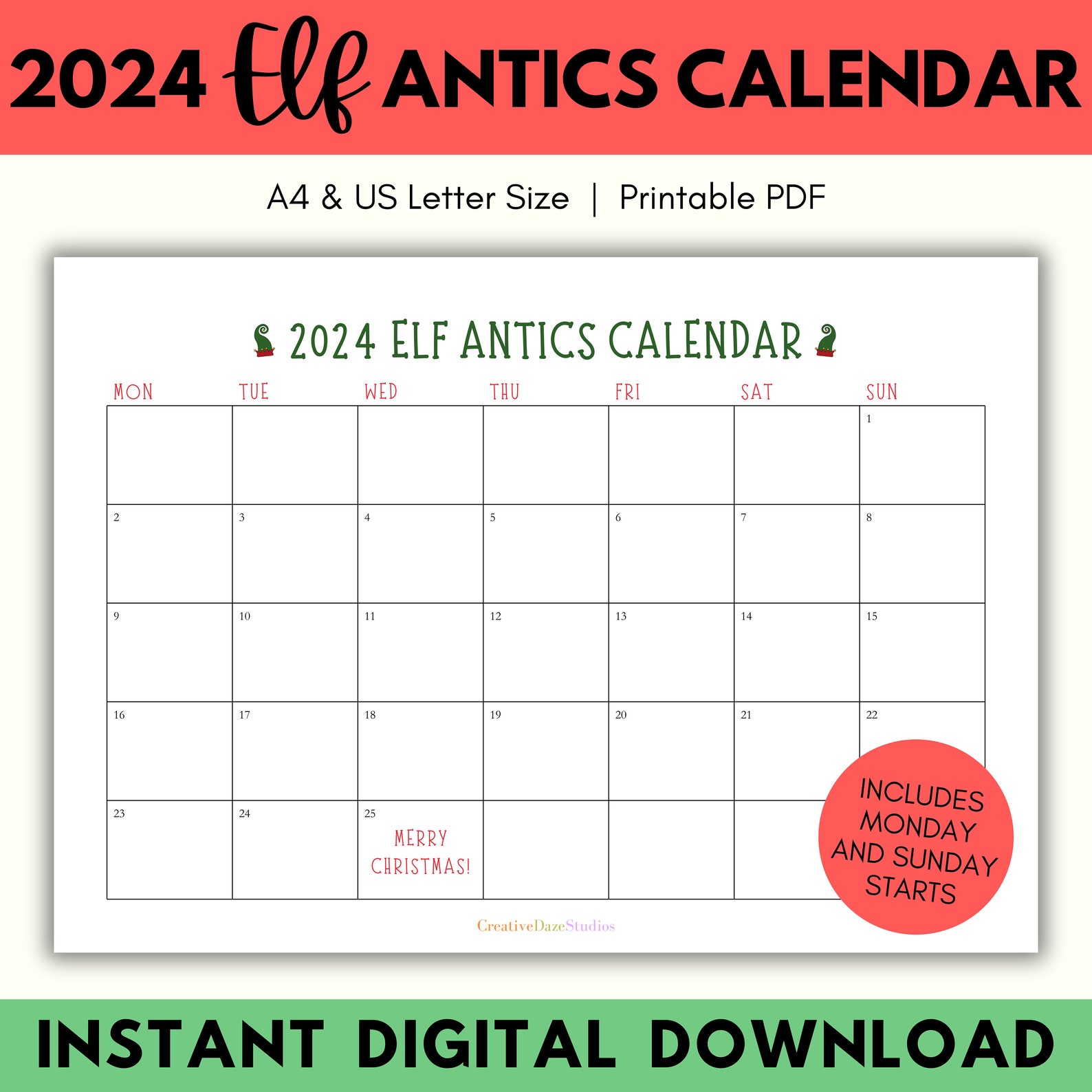 Printable 2024 Elf Planning Calendar, December 2024 Elf Planner ...