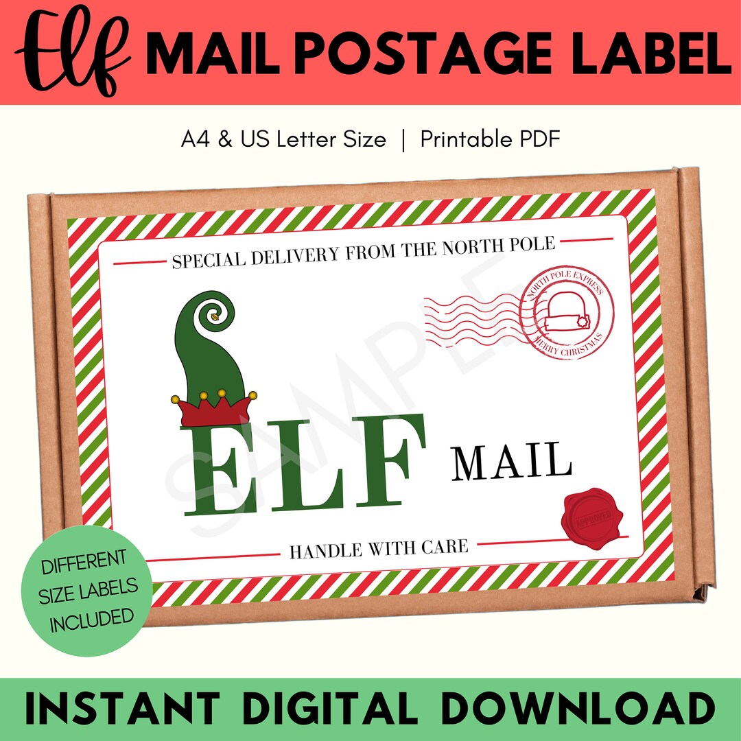 Elf Mail Shipping Label, Printable PDF, Christmas Elf Postage Label ...