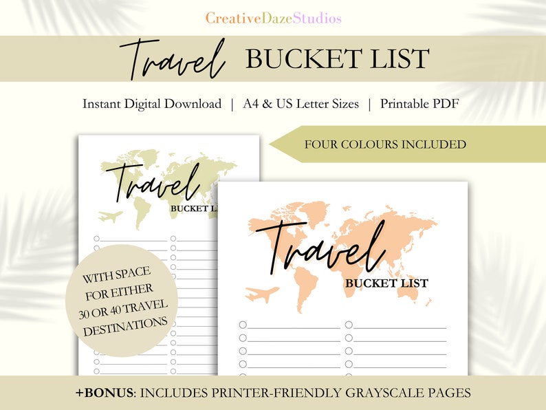 Travel Bucket List Printable PDF, Instant Digital Download, Travel ...