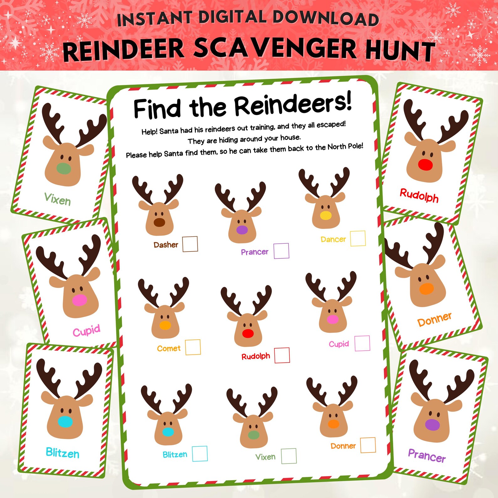 Printable Find the Reindeer Christmas Scavenger Hunt for Kids: A4 Size ...