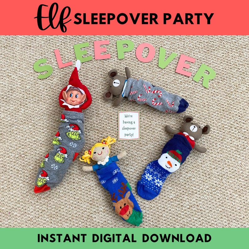 Printable Elf Sleepover Party Props, Christmas Elf Sleeping Bag Socks ...