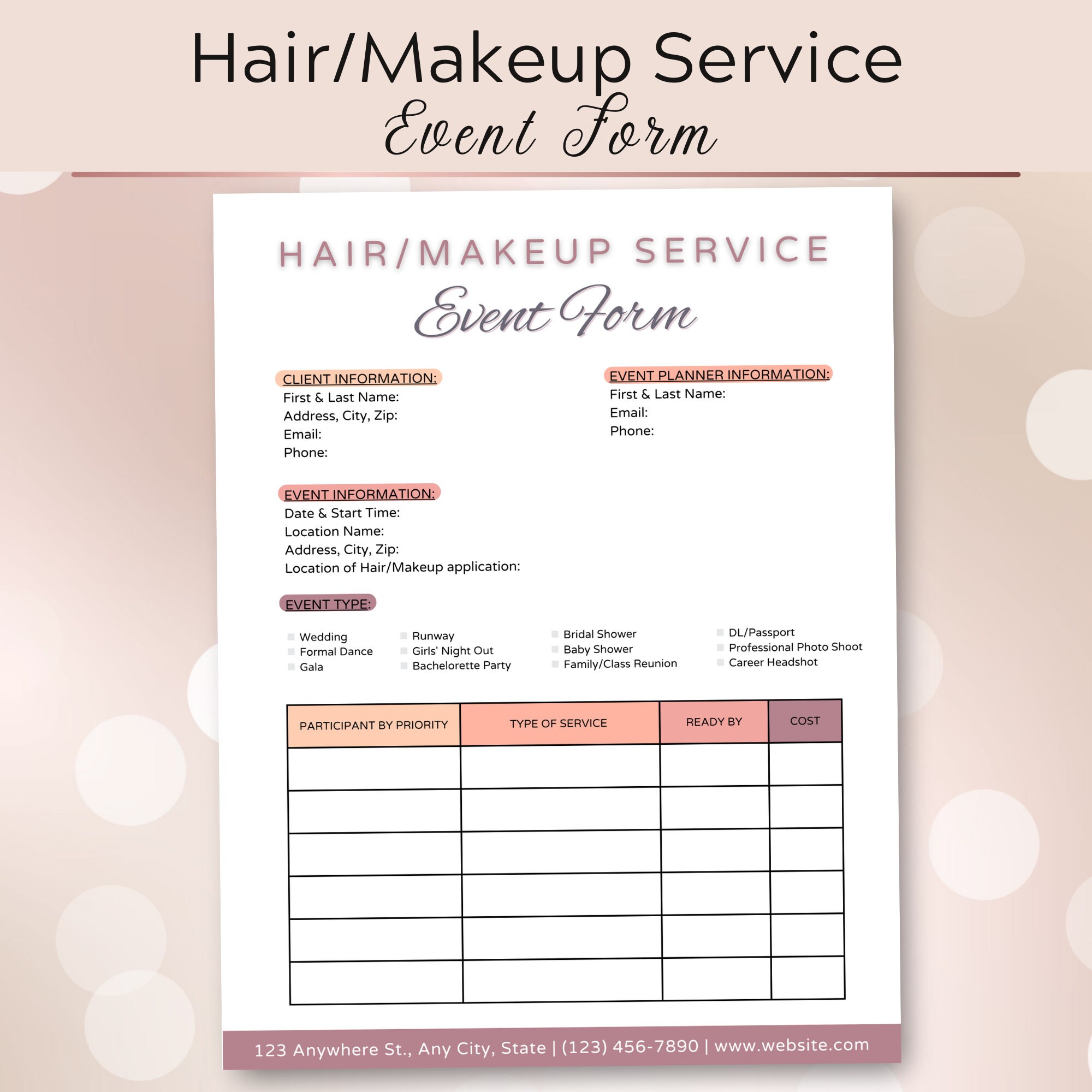 Bridal Hair Contract Template Agreement, Bridal Makeup Wedding Event ...