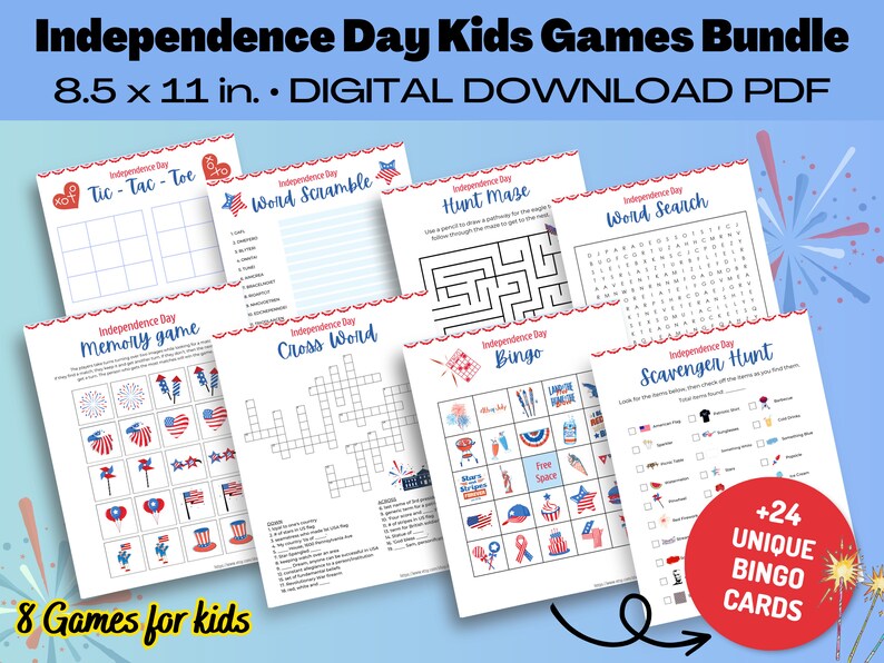 8 Kids Games Bundle for Independence Day Printable Games, Patriotic ...