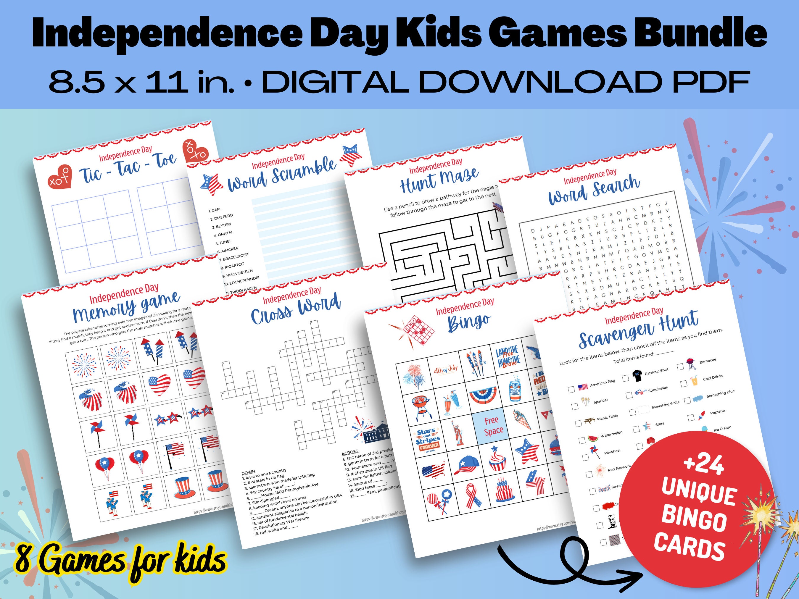 8 Kids Games Bundle for Independence Day Printable Games, Patriotic ...