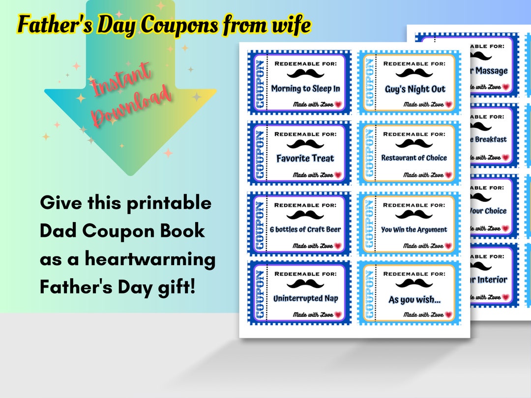 Printable Fathers Day Coupons for Dad, Fathers Day Gift From Wife, Last ...