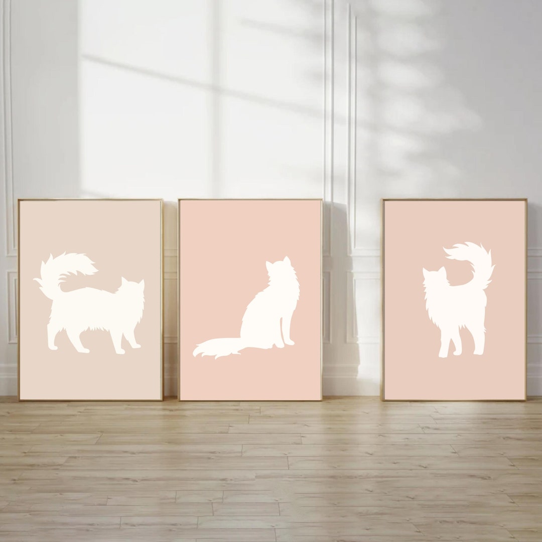White Cat Wall Art | Abstract Cat Design | Set of 3 Prints | Minimal ...