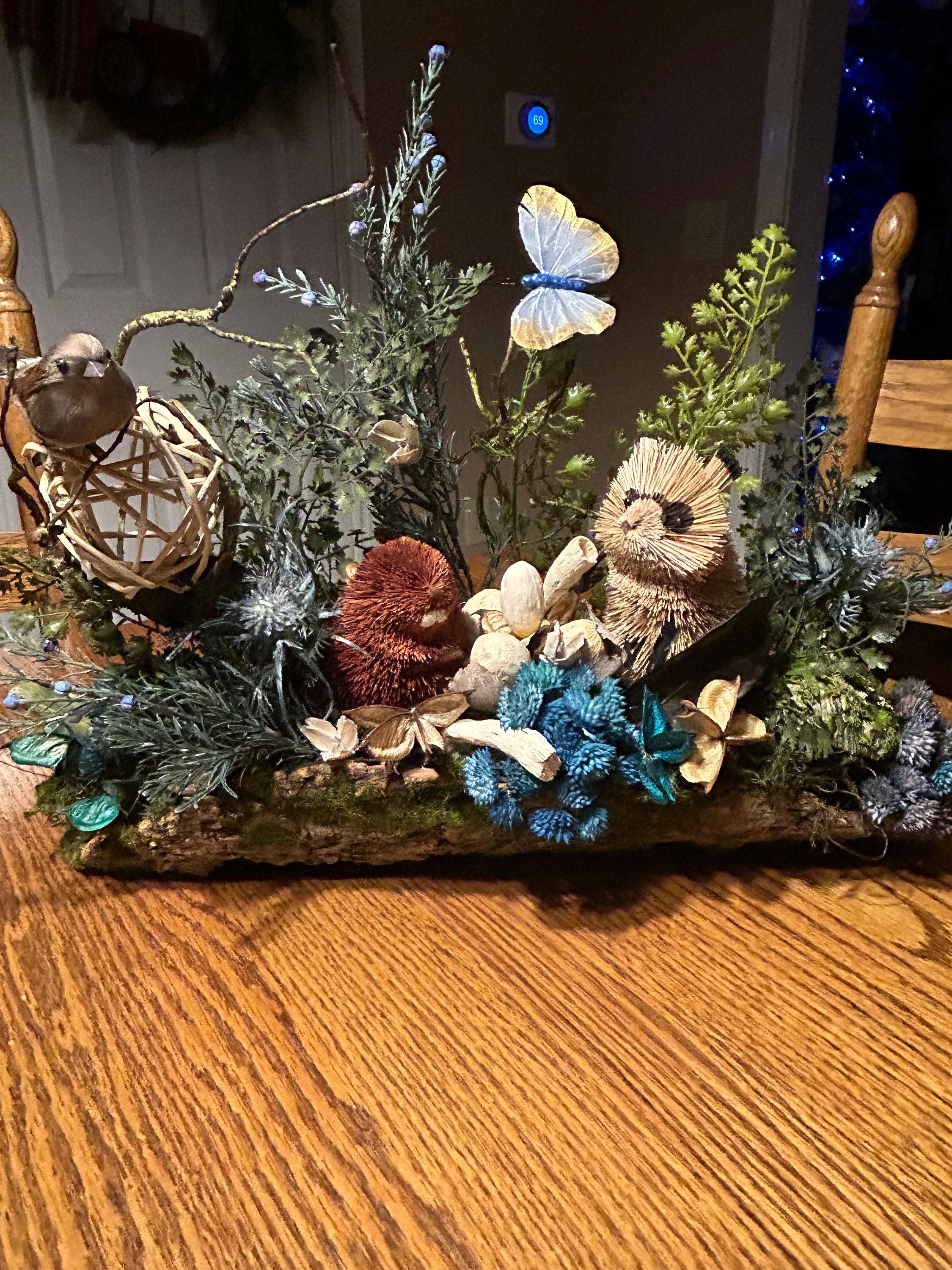 Racoon and Beaver Natural Rustic Log Arrangement With Blue Thistle ...