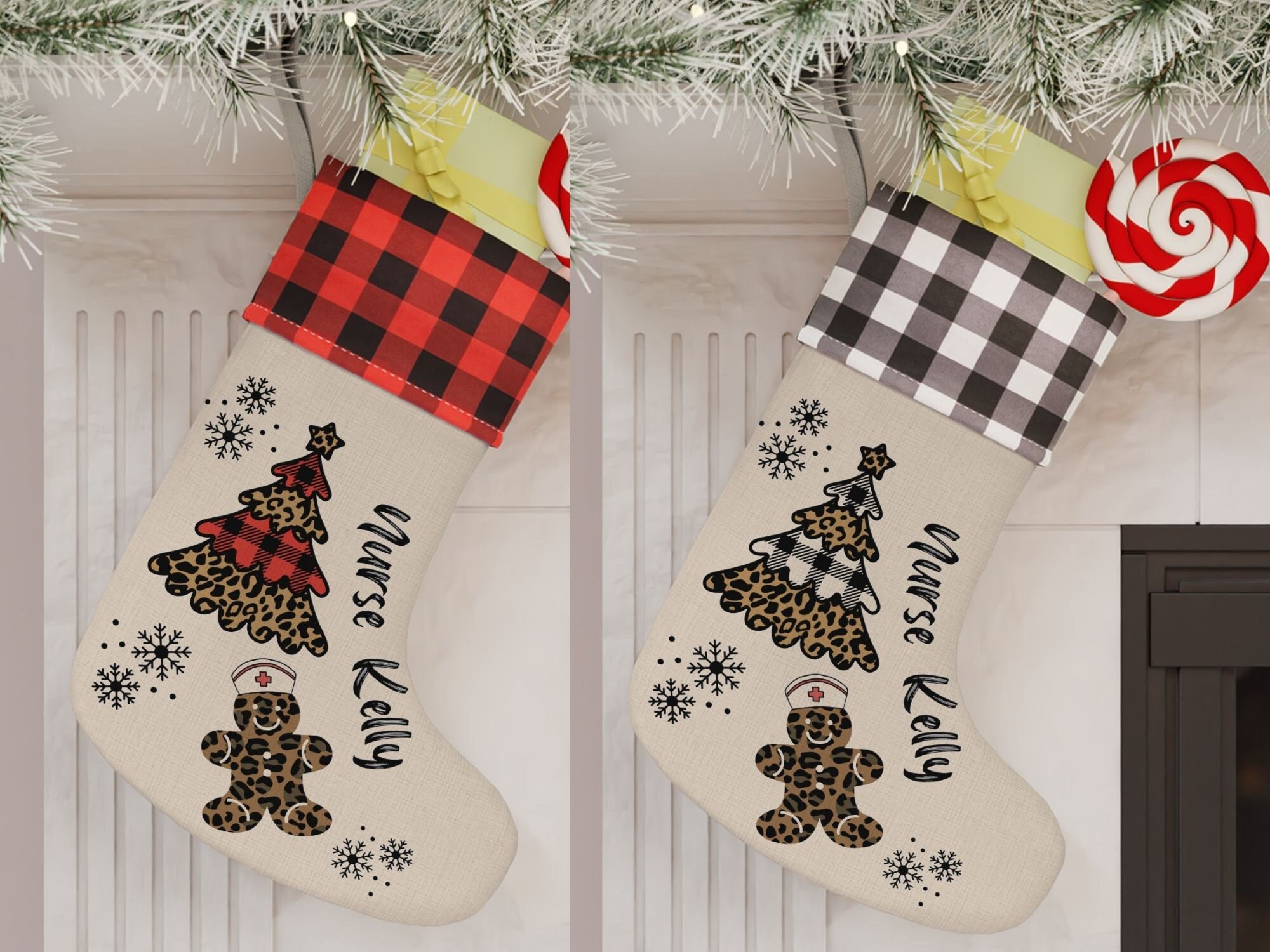 Personalized Nurse Buffalo Plaid Cheetah Christmas Stocking, Monogram ...