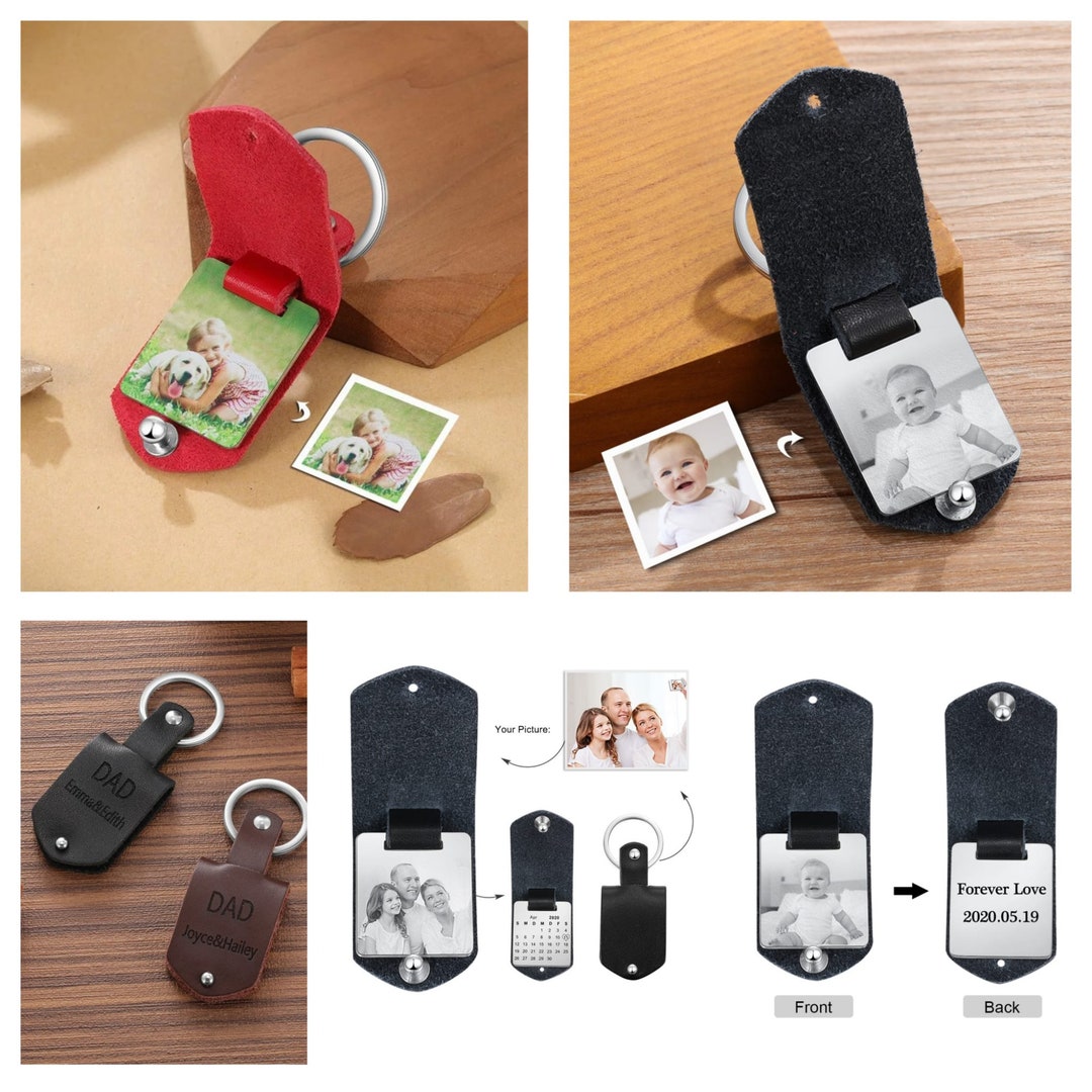 Customable Genuine Leather Photo Keychain, Date and Custom Text ...