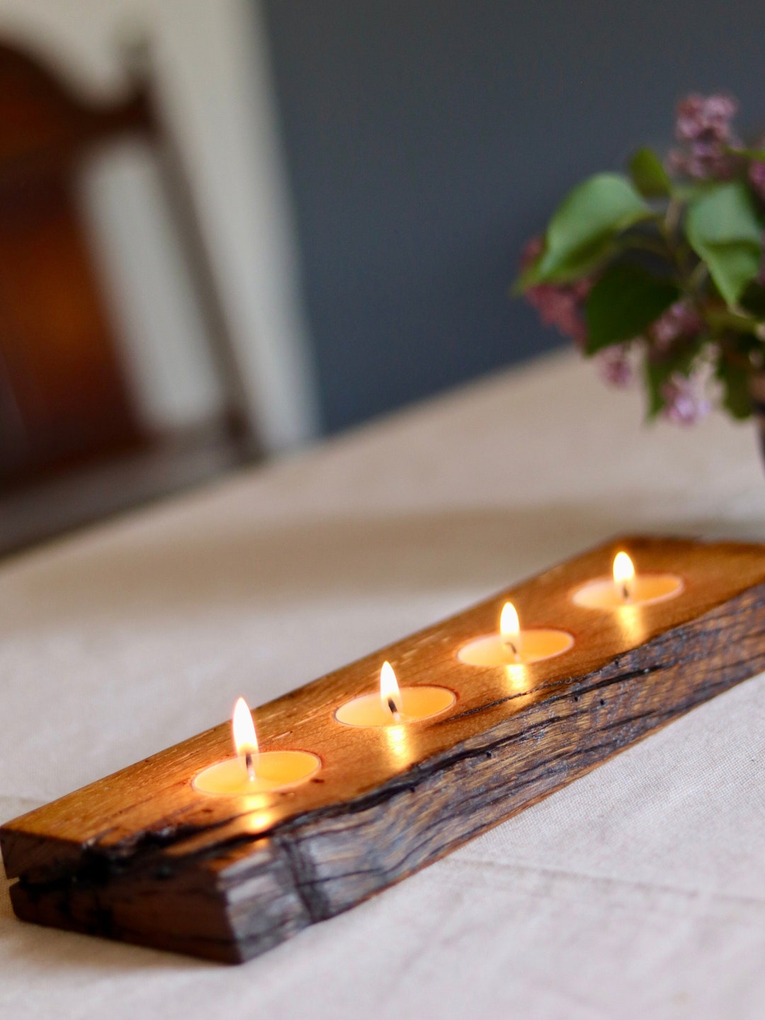 Rustic Wood Candle Holder - Reclaimed Wood Beam 4 Tea-light Holder - Wedding Candle Holder ...