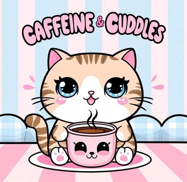 Kawaii Cat Coffee Caffeine & Cuddles PNG | Cute Cartoon Coffee Lover Design | Instant Download ...