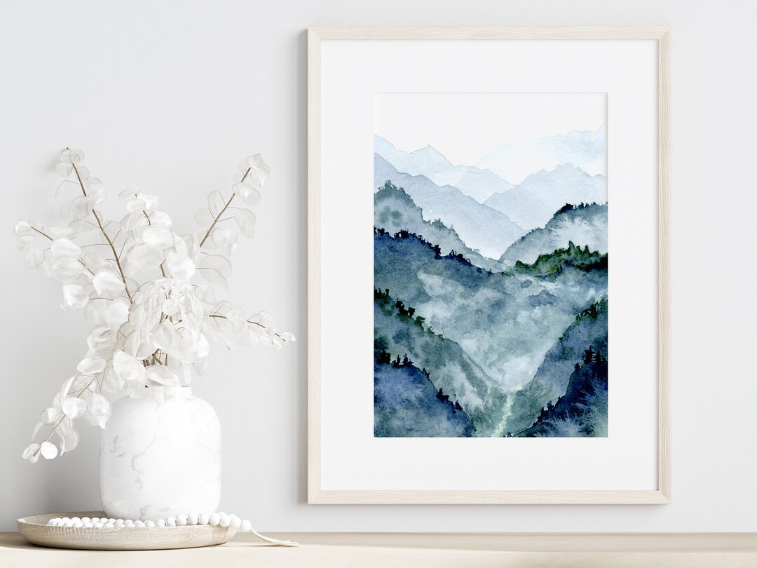 Blue Mountain Printable Wall Art, Watercolor Mountain Range Silhouette ...